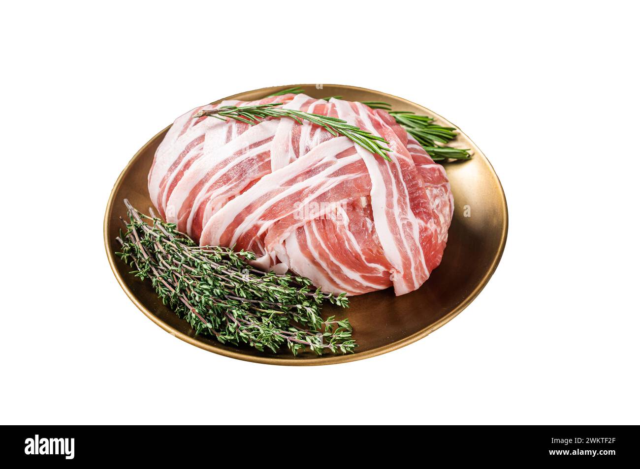 Raw meatloaf with ground beef meat and bacon with herbs and spices ...