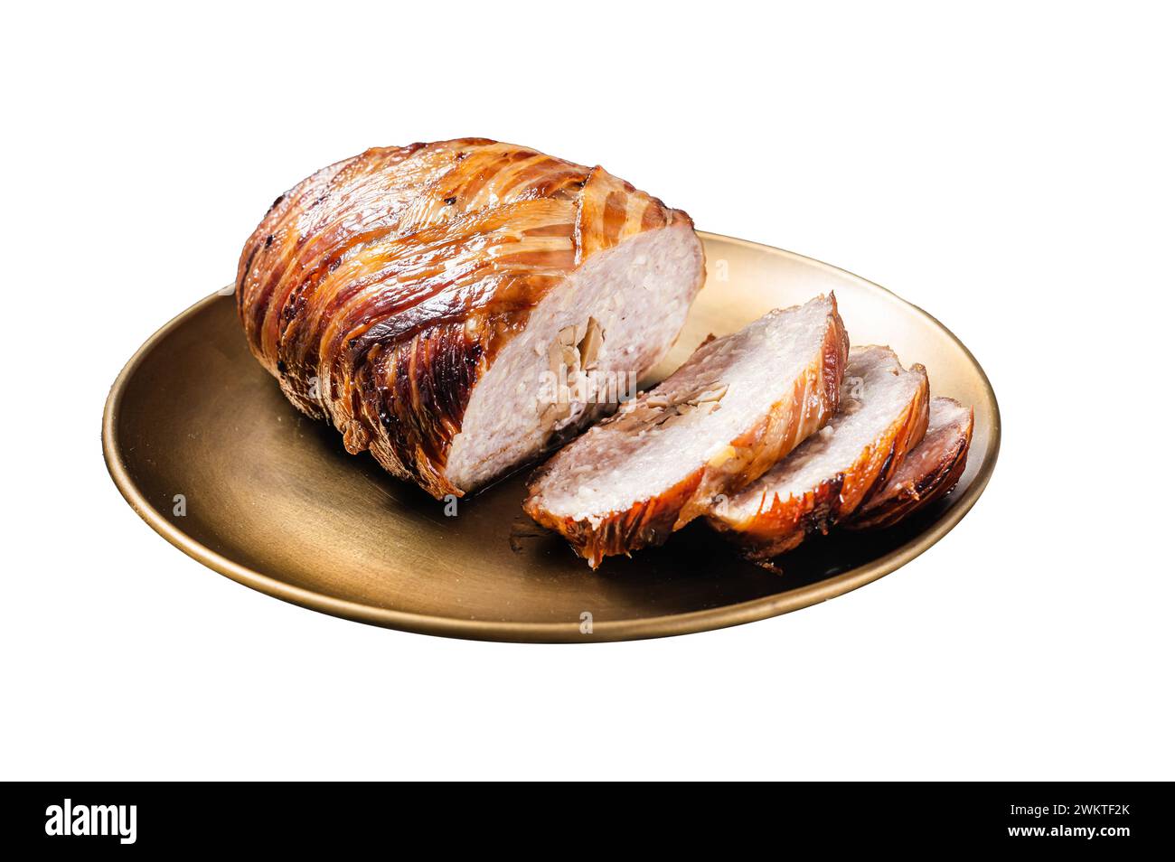 Roasted bacon wrapped meatloaf, sliced mince meat loaf. Isolated on ...