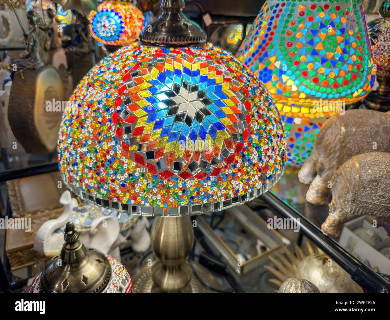 Colorful glass electric lamp, a souvenir in Guadalest, Spain Stock ...