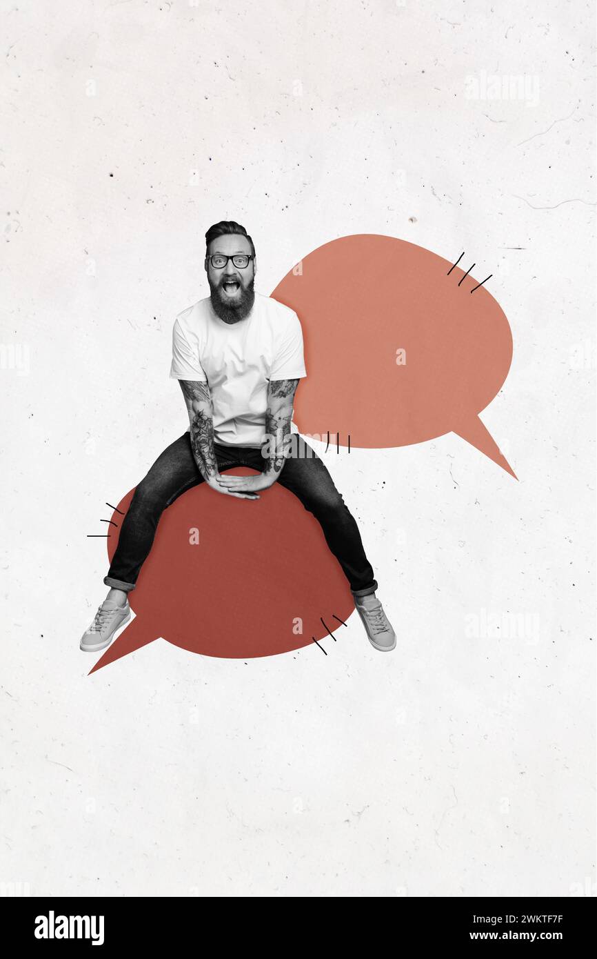 Vertical creative poster young sitting man textbox conversation dialog ...