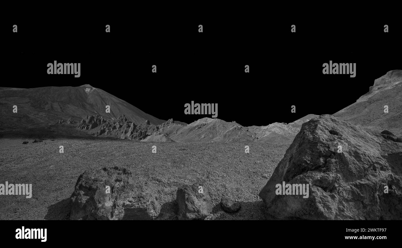 Moon. Desert space landscape. Cosmic scene with desert, stone, sand and ...