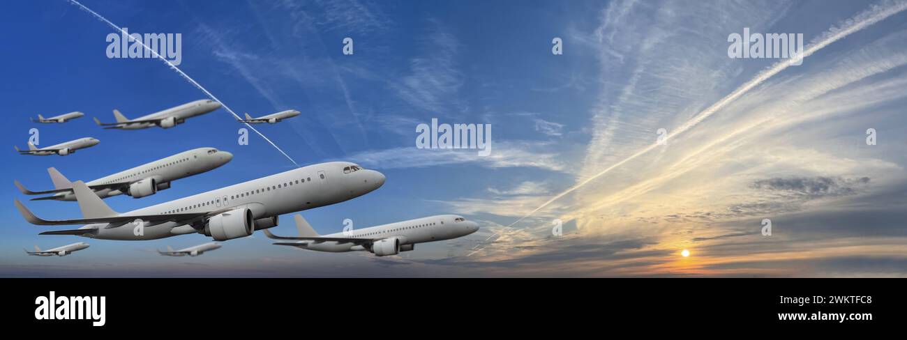 Flight fly and aircraft concept. Plane and sunset sky with cloud and ...