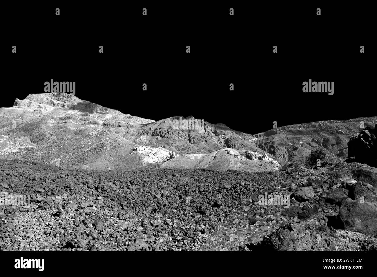 Space landscape. Cosmic scene with craters, stone, sand and black sky ...