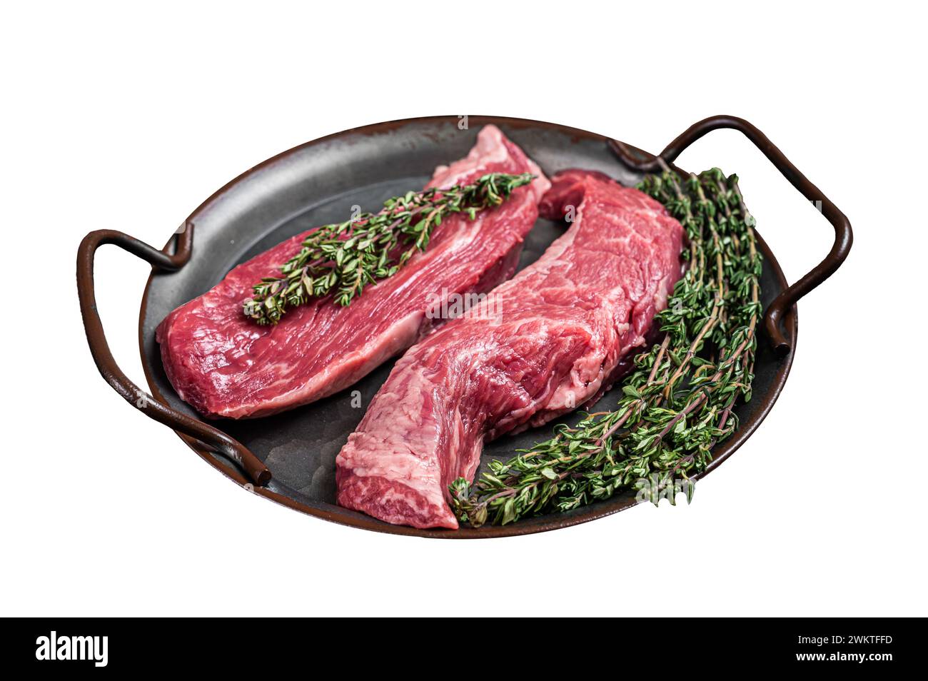 Raw Bavette or Sirloin flap beef meat steak with thyme. Isolated on ...