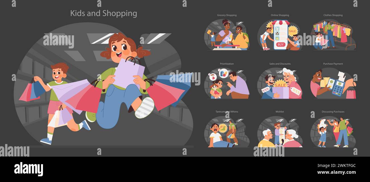 Kids and shopping set. Young consumers experiencing the retail world ...