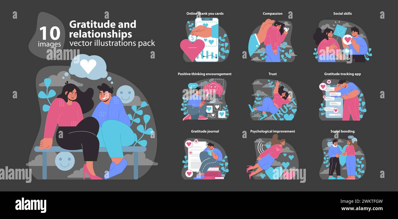 Gratitude and relationships set. Celebrating emotional connections and ...