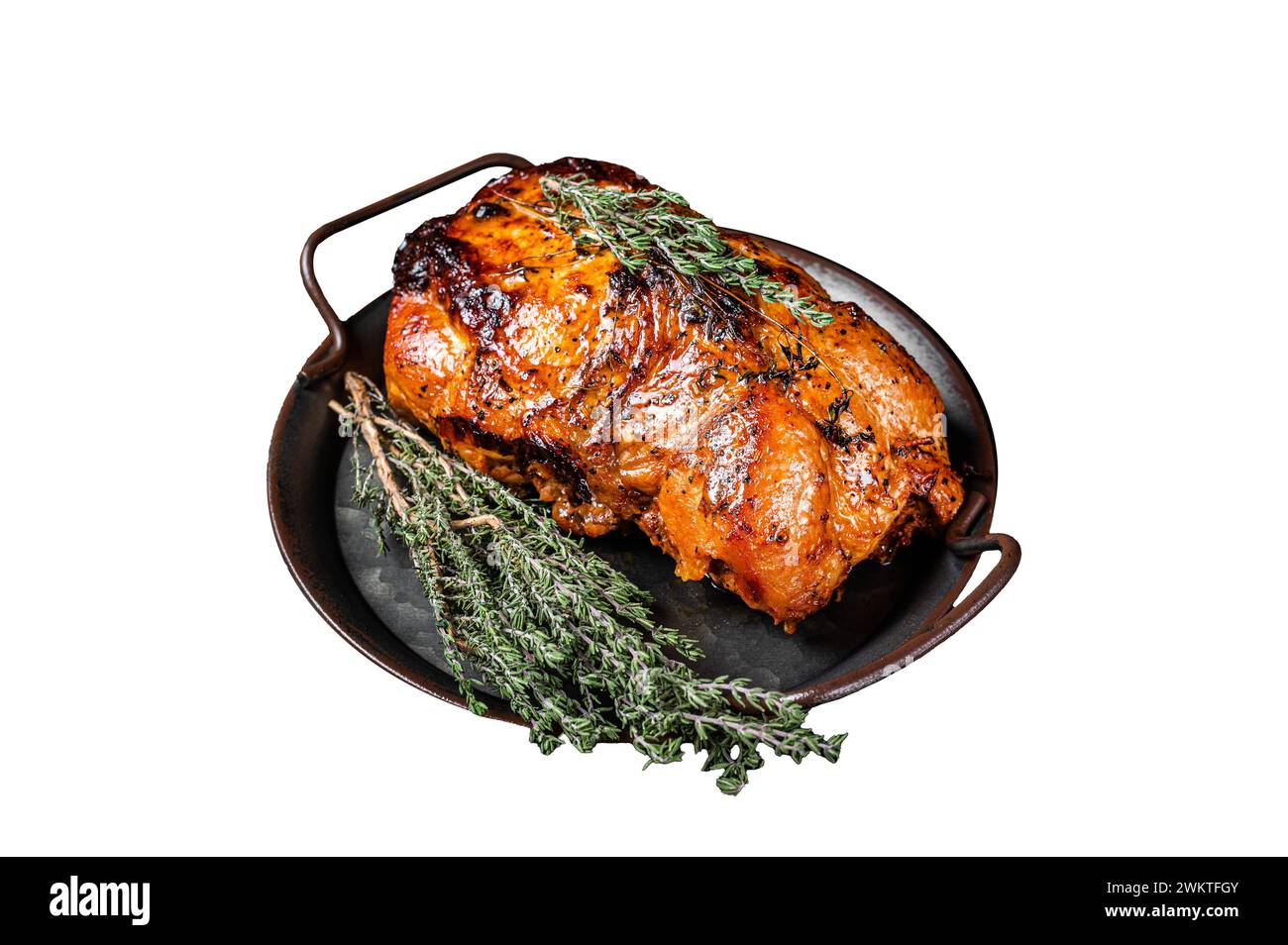 Roasted Glazed Pork meat Roll with thyme and tomato sauce. Isolated on ...