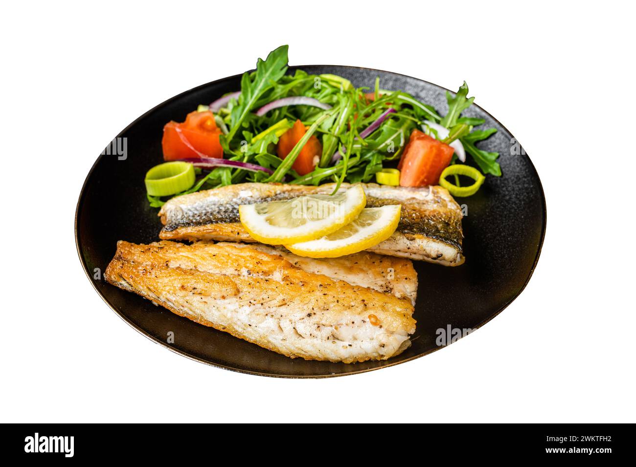 Roasted sea bass fillet with salad, Branzino fish. Isolated on white ...