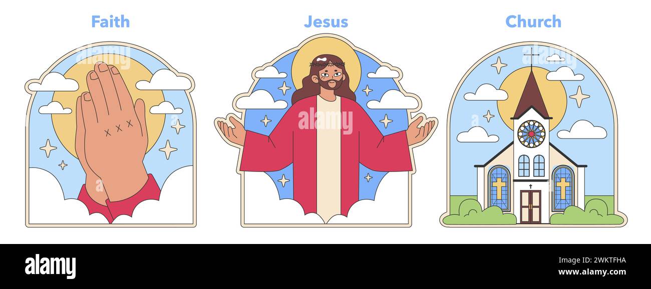 Christianity concepts. Hand in prayer, Jesus's benevolence, and church ...