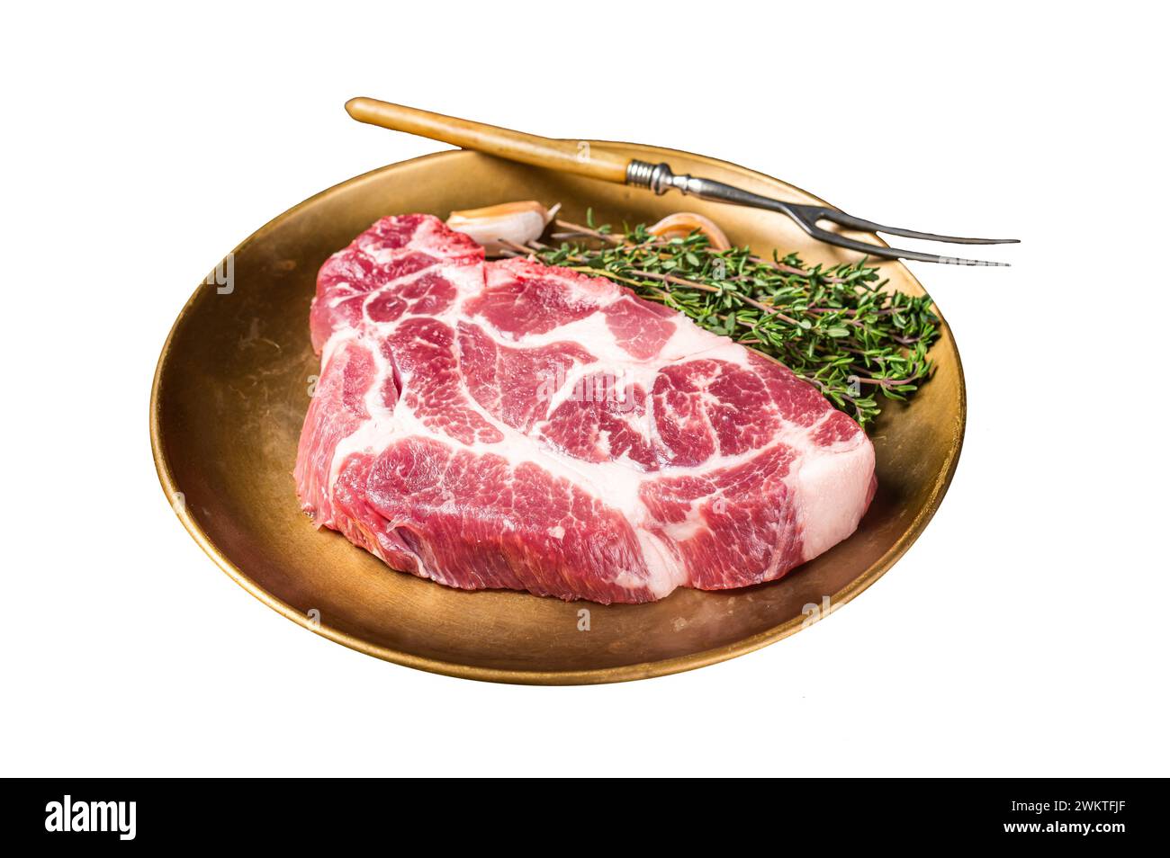 Marble pork steak, raw neck meat with thyme. Isolated on white ...