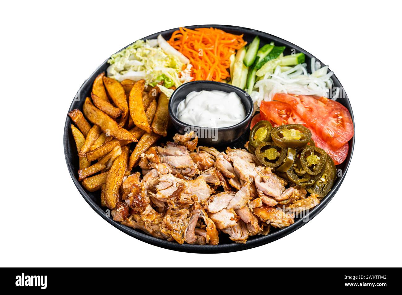 Shawarma Doner kebab on a plate with french fries and salad. Isolated ...