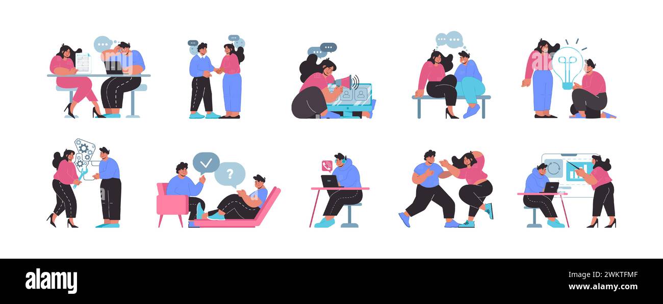 Workplace collaboration set. Diverse office scenarios with interactive ...