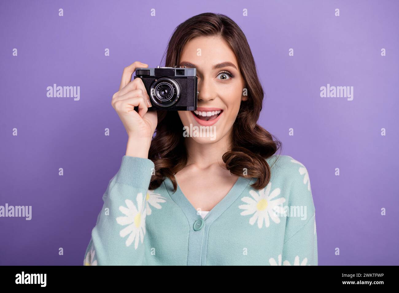 Portrait of shock young girl paparazzi journalist shooting private life ...
