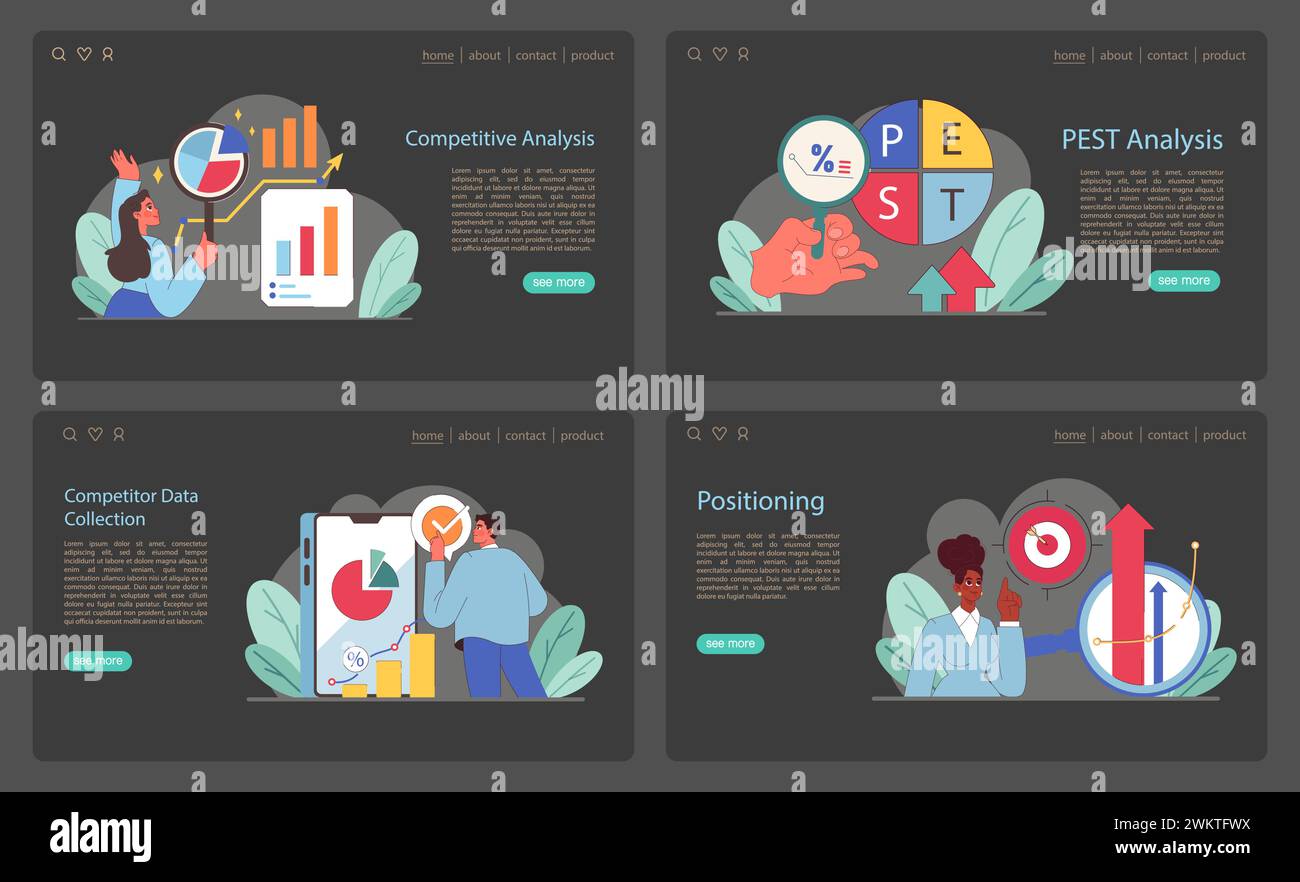 Web analytics set. Engaging in competitive analysis, conducting PEST ...