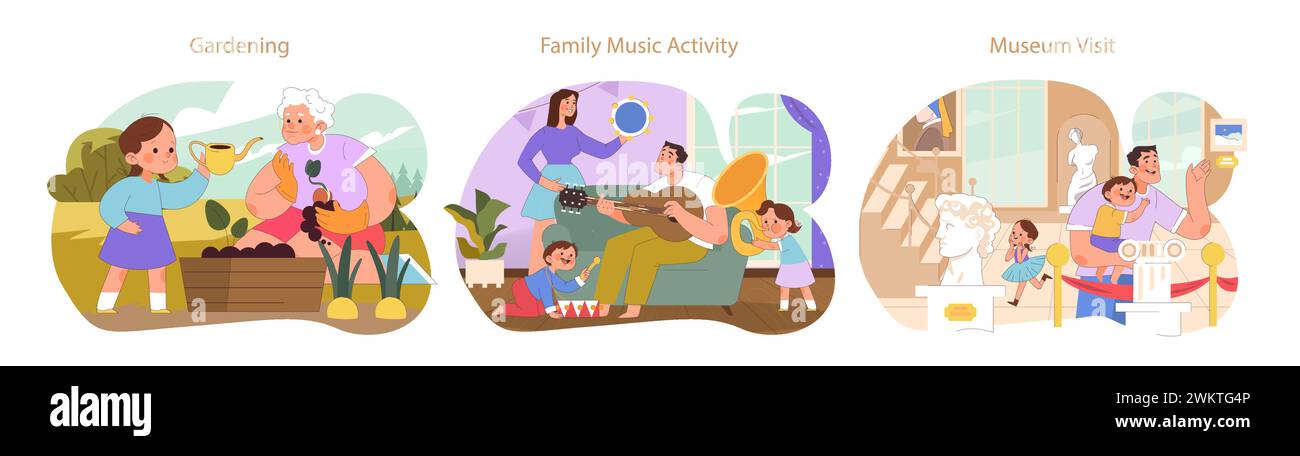 Family Learning set. Tending plants, musical exploration, cultural enrichment at a museum. Inter ...
