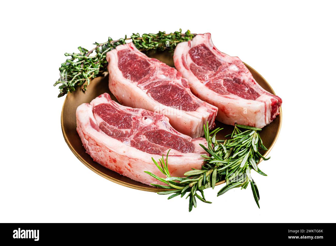 Uncooked Raw lamb loin chops steaks, saddle in plate with rosemary and ...