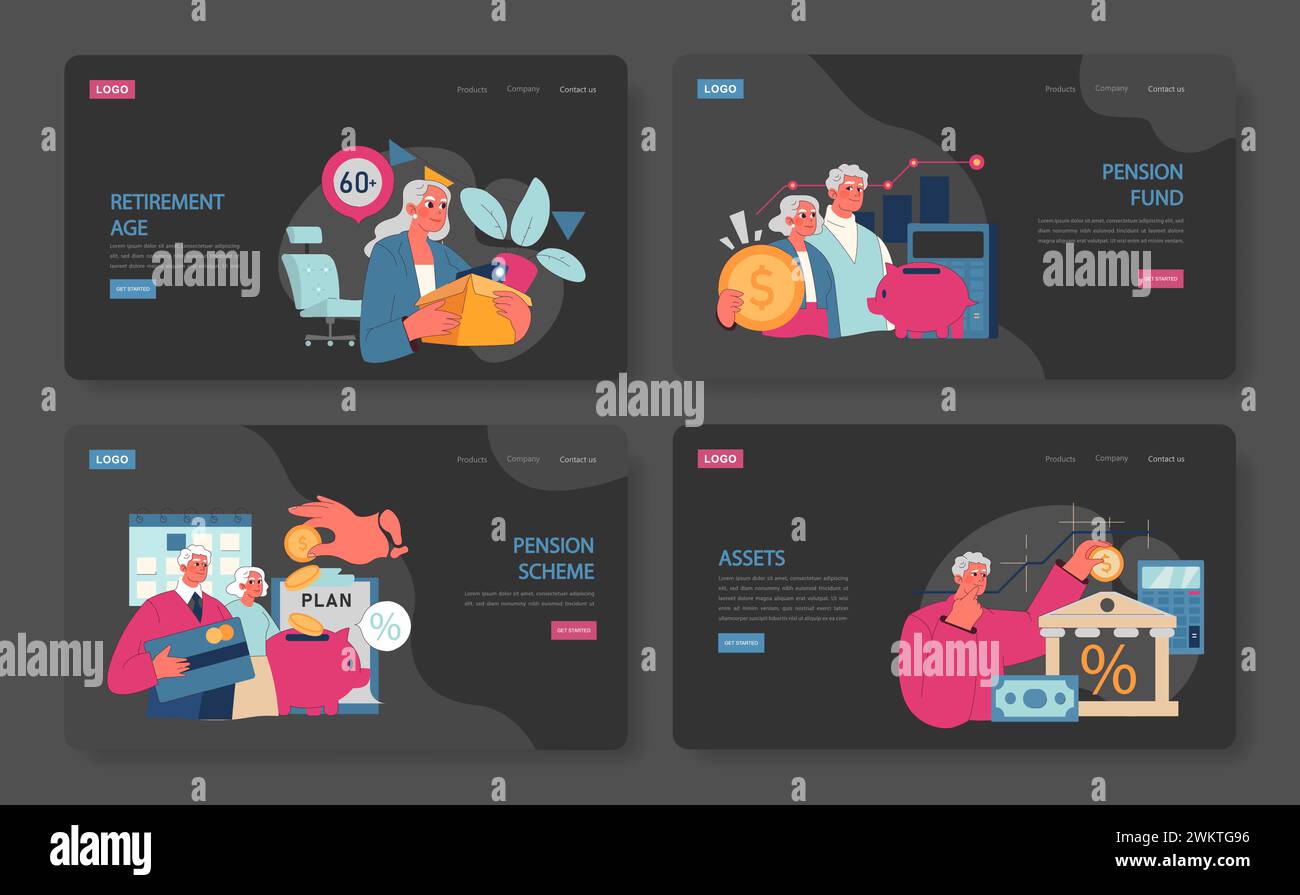 Strategic Retirement Planning set. A visual guide to securing retirement through age ...