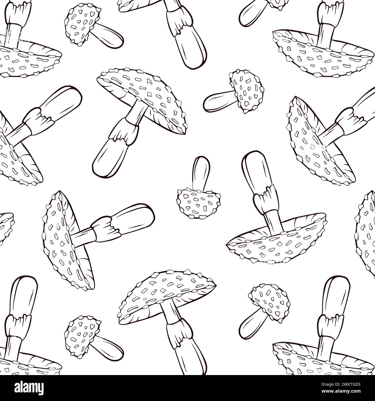 Fly Agaric inedible mushroom pattern in line art style. Outline hand ...