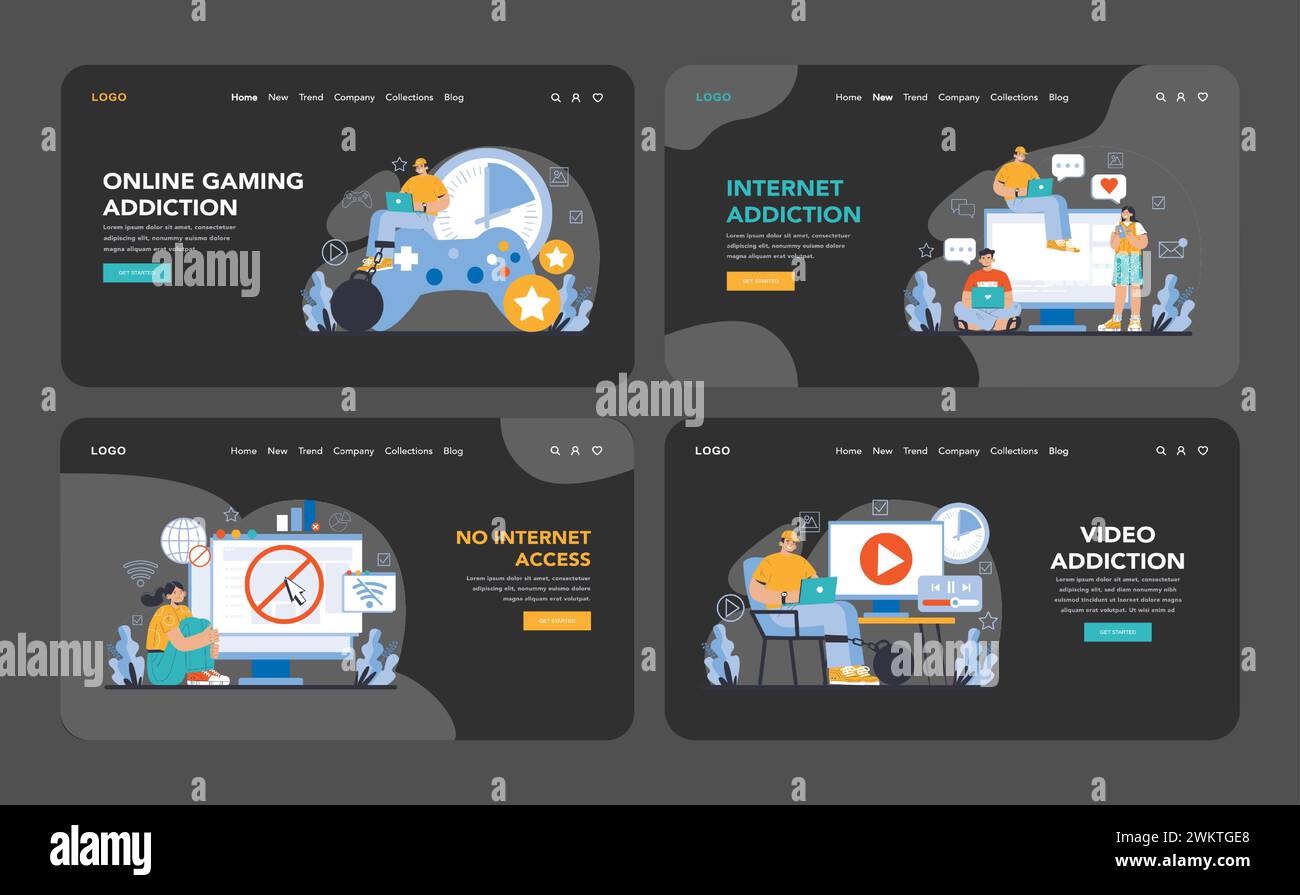 Internet addiction night or dark mode web or landing page set. Various ...