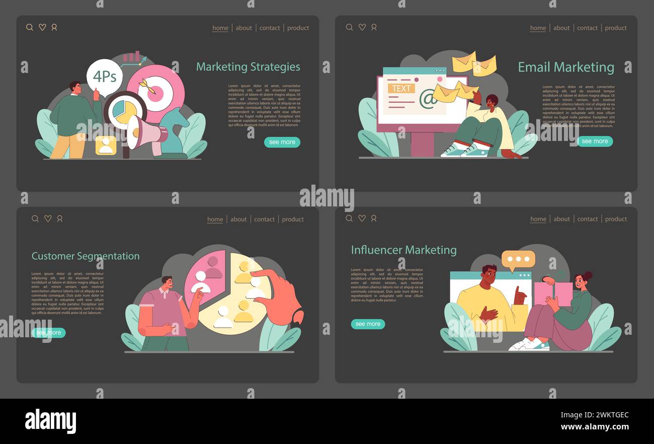 Marketing Strategies set. Illustrations depict key online marketing tactics, from foundational ...