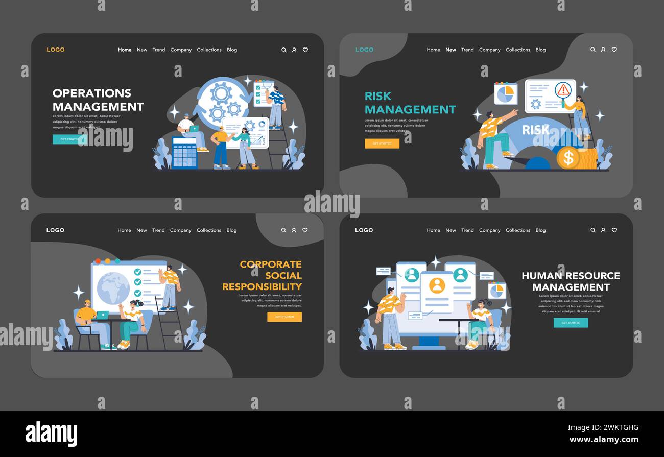 Strategy and management night or dark mode web or landing page set ...
