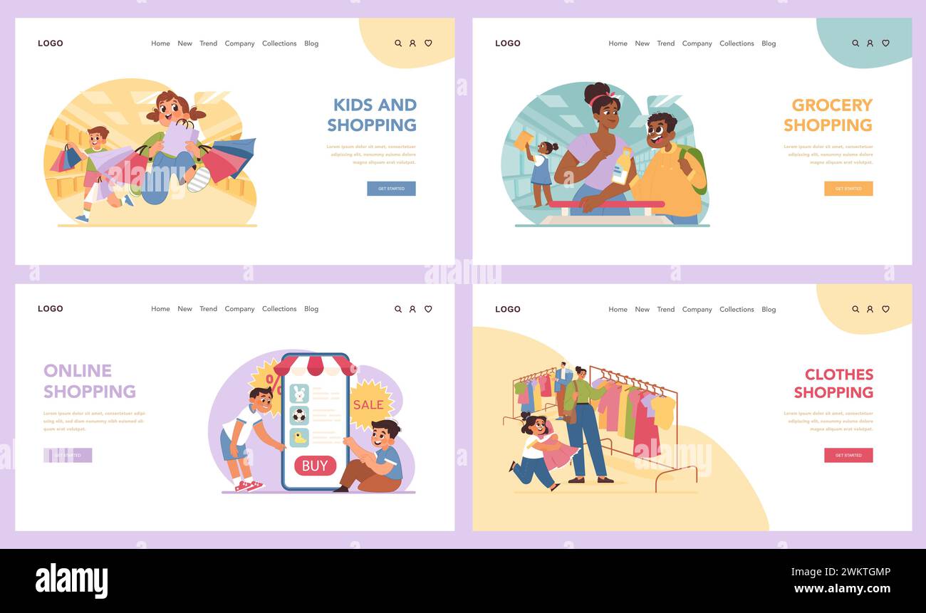 Shopping journey set. Family grocery trips, childs joy in online sales ...
