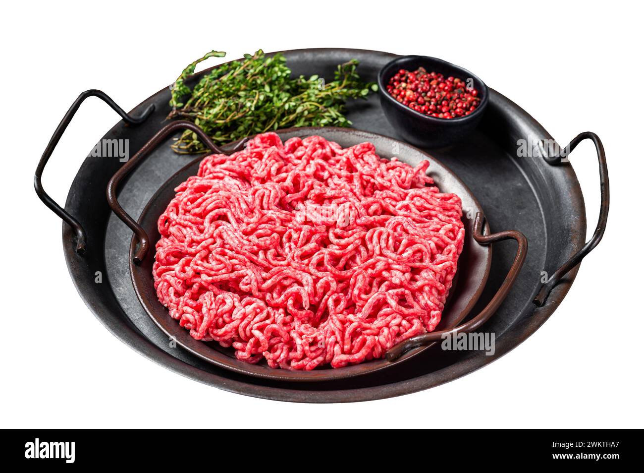 Raw Mince, minced Ground beef meat in a kitchen tray. Isolated on white ...