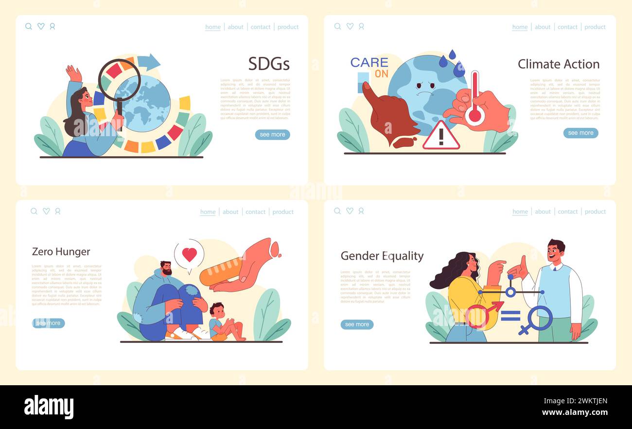 Web layout presenting SDGs, climate action, hunger elimination, and ...