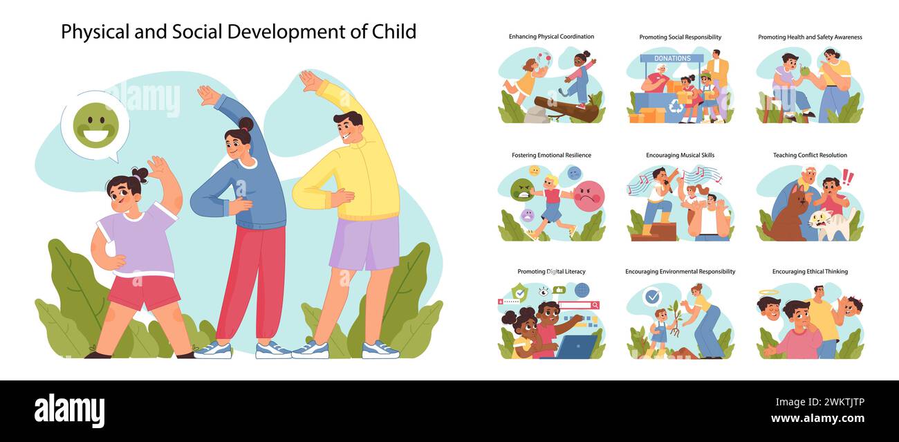 Physical and social development of child concept set. Children engaging ...