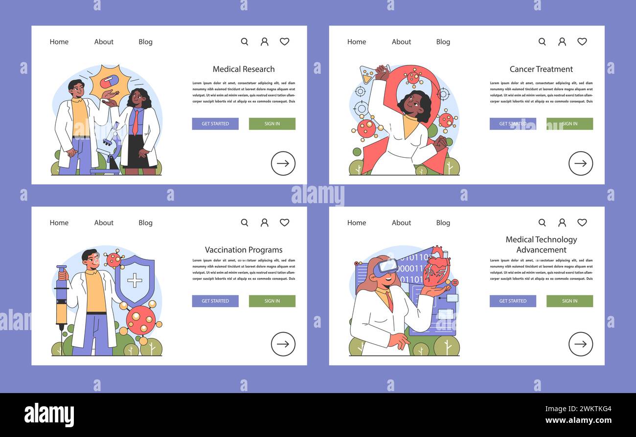Medical web or landing set. Scientists in medical research, patients ...