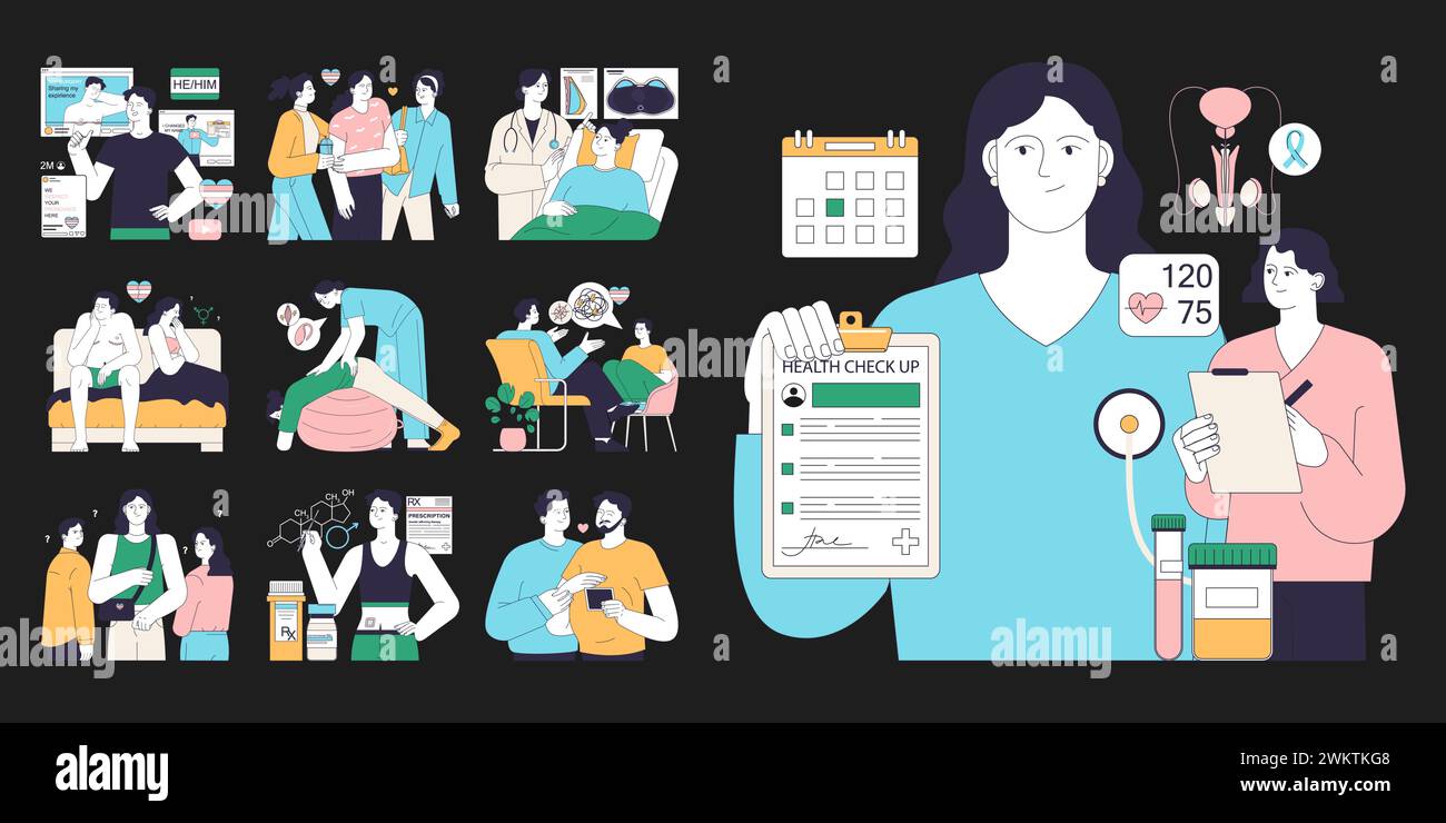 Gender transition consequences set. Gender-affirming therapy, positive ...