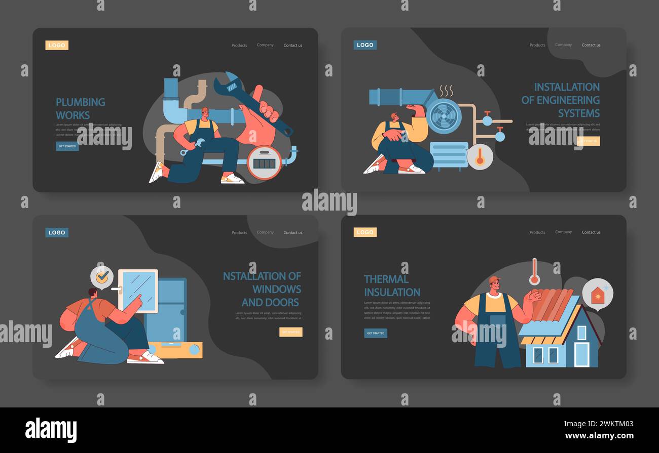 Construction work web or landing set. Informative web banners showcasing plumbing, HVAC ...