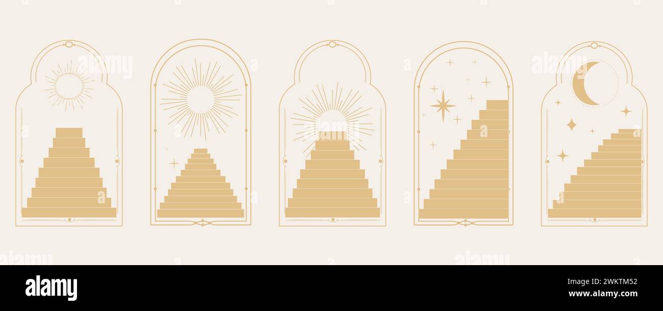 Set arch window line frame astrology celestial, mystic with stairs, spiritual symbols moon and ...