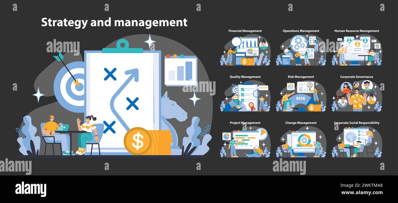 Strategy and management night or dark mode set. Comprehensive business ...