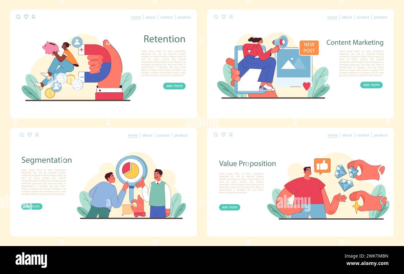 Website marketing tactics set. Illustrates customer retention ...