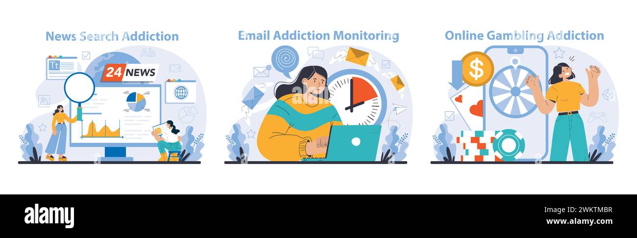 Internet addiction set. Illustrations capture the fixation on news ...