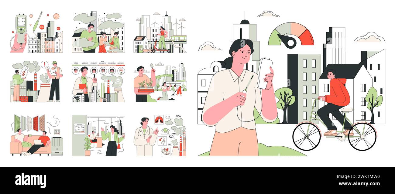 Air quality awareness set. Air quality index and pollution monitoring ...