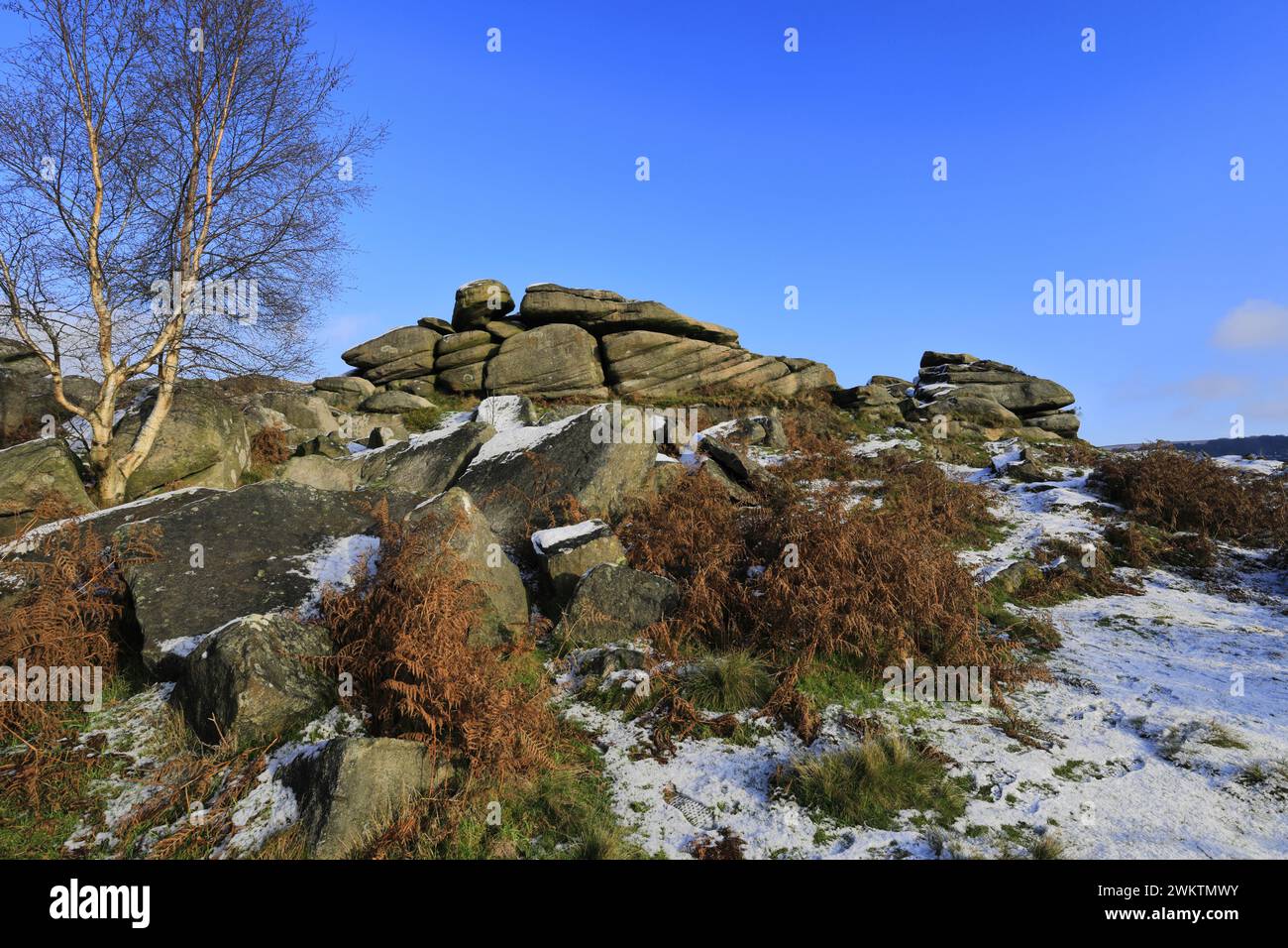 Winter view over Gritstones on Lawrence Field, Grindleford village ...