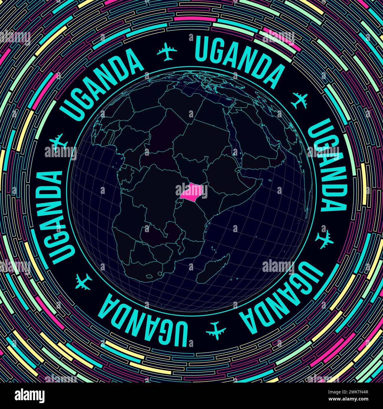 Uganda on globe. Satellite view of the world centered to Uganda. Bright ...