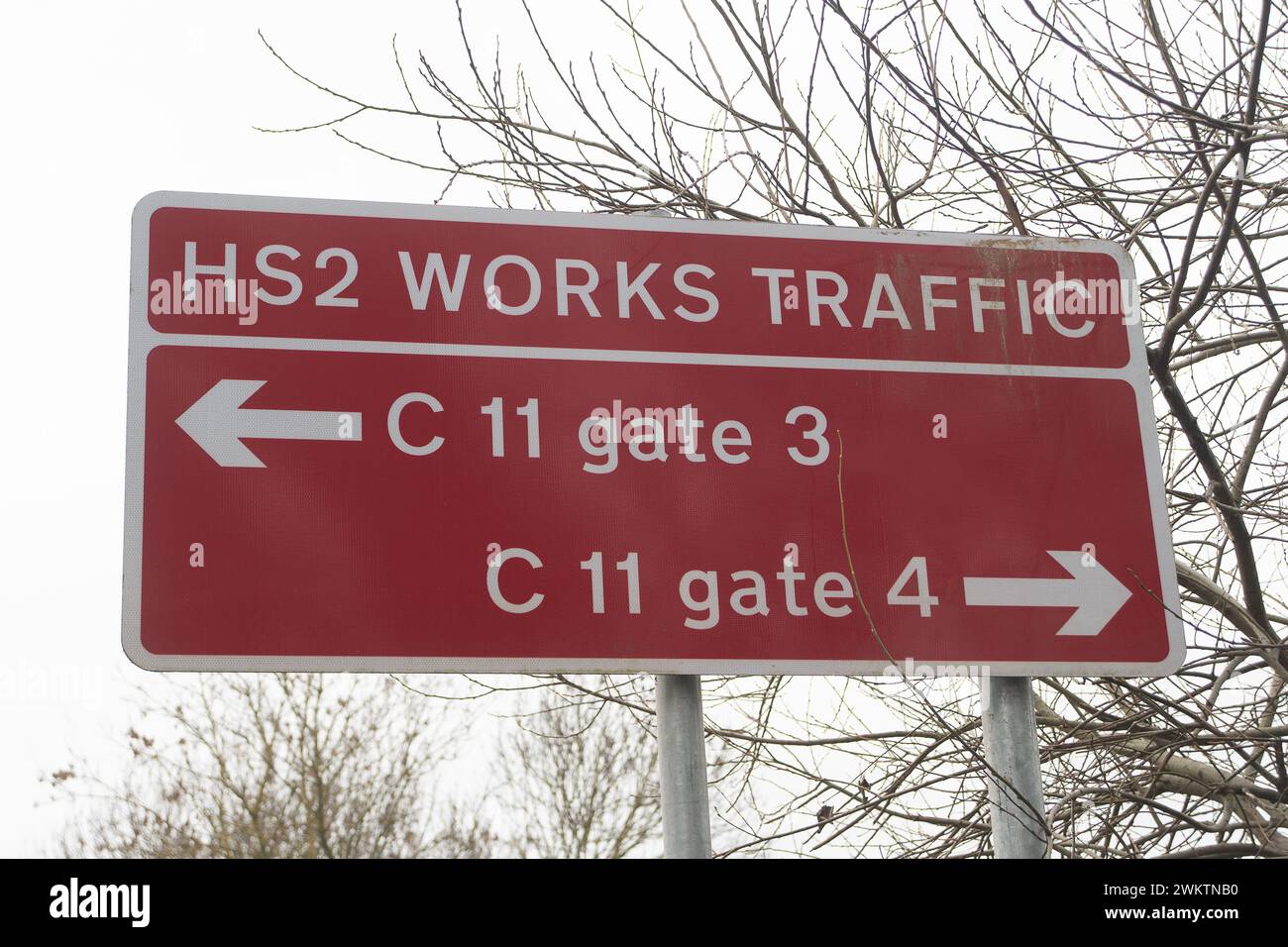 Harefield, UK. 20th February, 2024. A sign for HS2 Works Traffic in ...