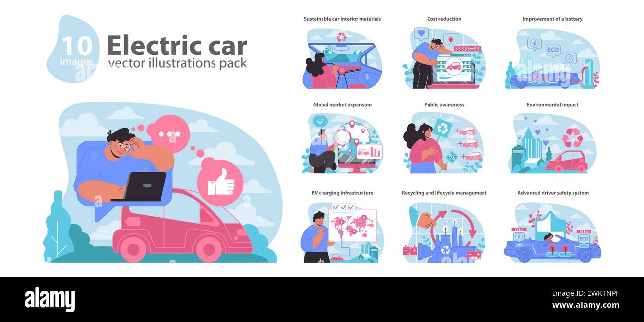 Electric car set. Advancing eco-friendly transport solutions. Showcasing renewable energy ...