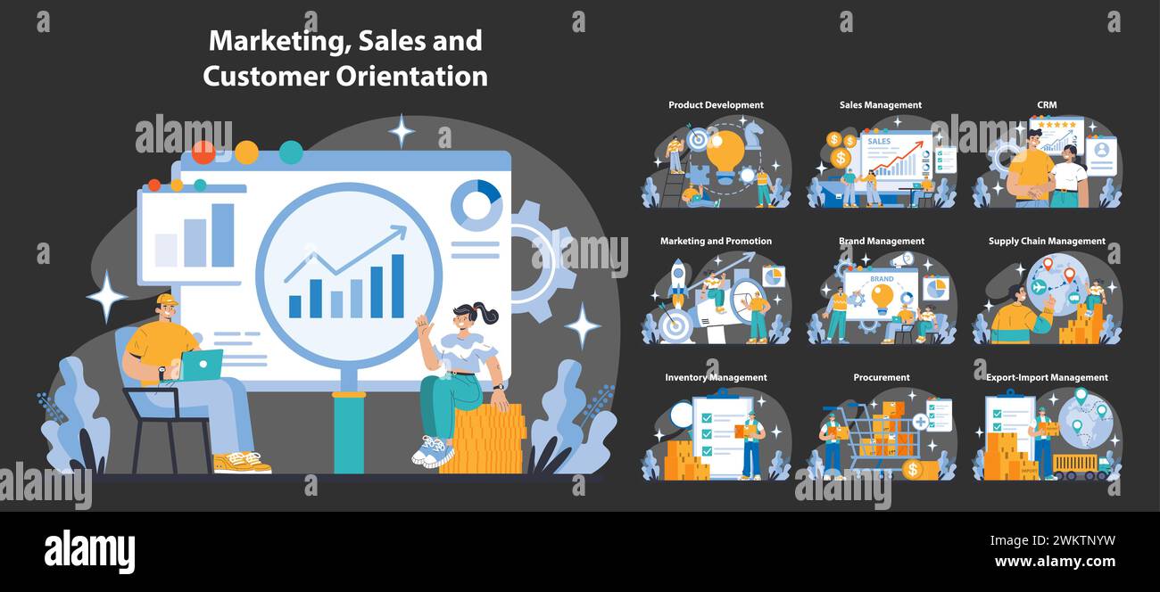 Marketing and Sales night or dark mode set. Comprehensive customer ...