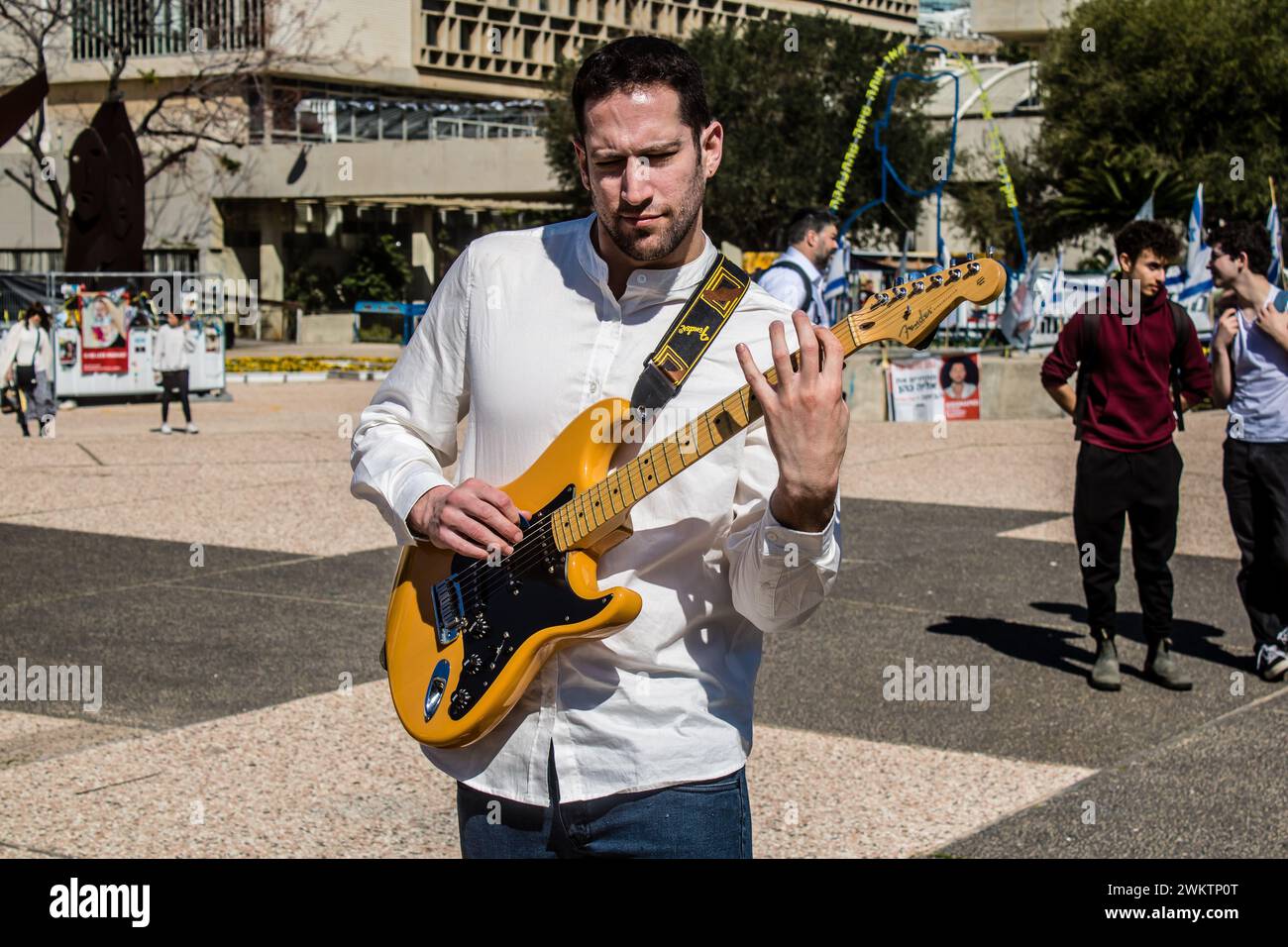 Tel Aviv, Israel, February 21, 2024 Musicians playing on Hostages ...