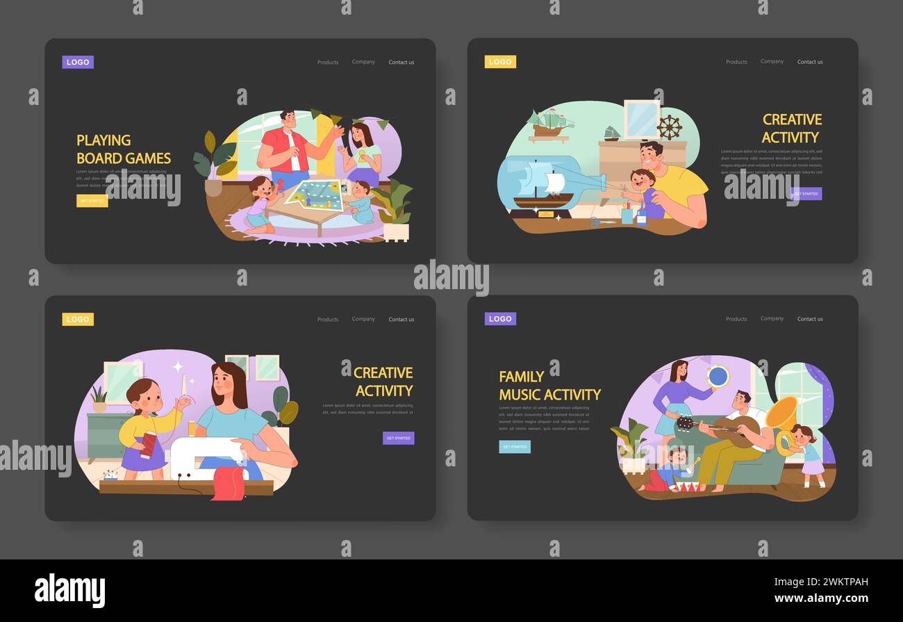 Family Hobbies set. Cozy scenes of board games, crafting, and musical ...