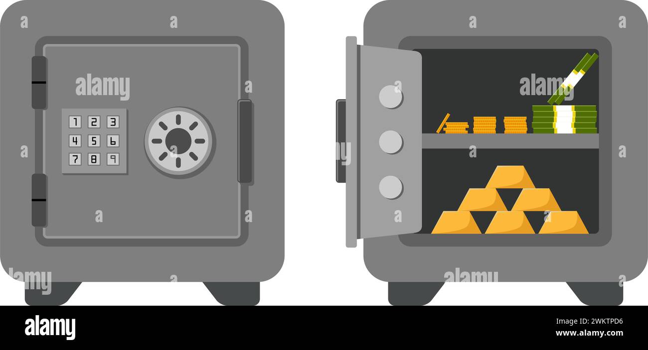 vector safe bank box. closed and opened safe bank box with money and ...