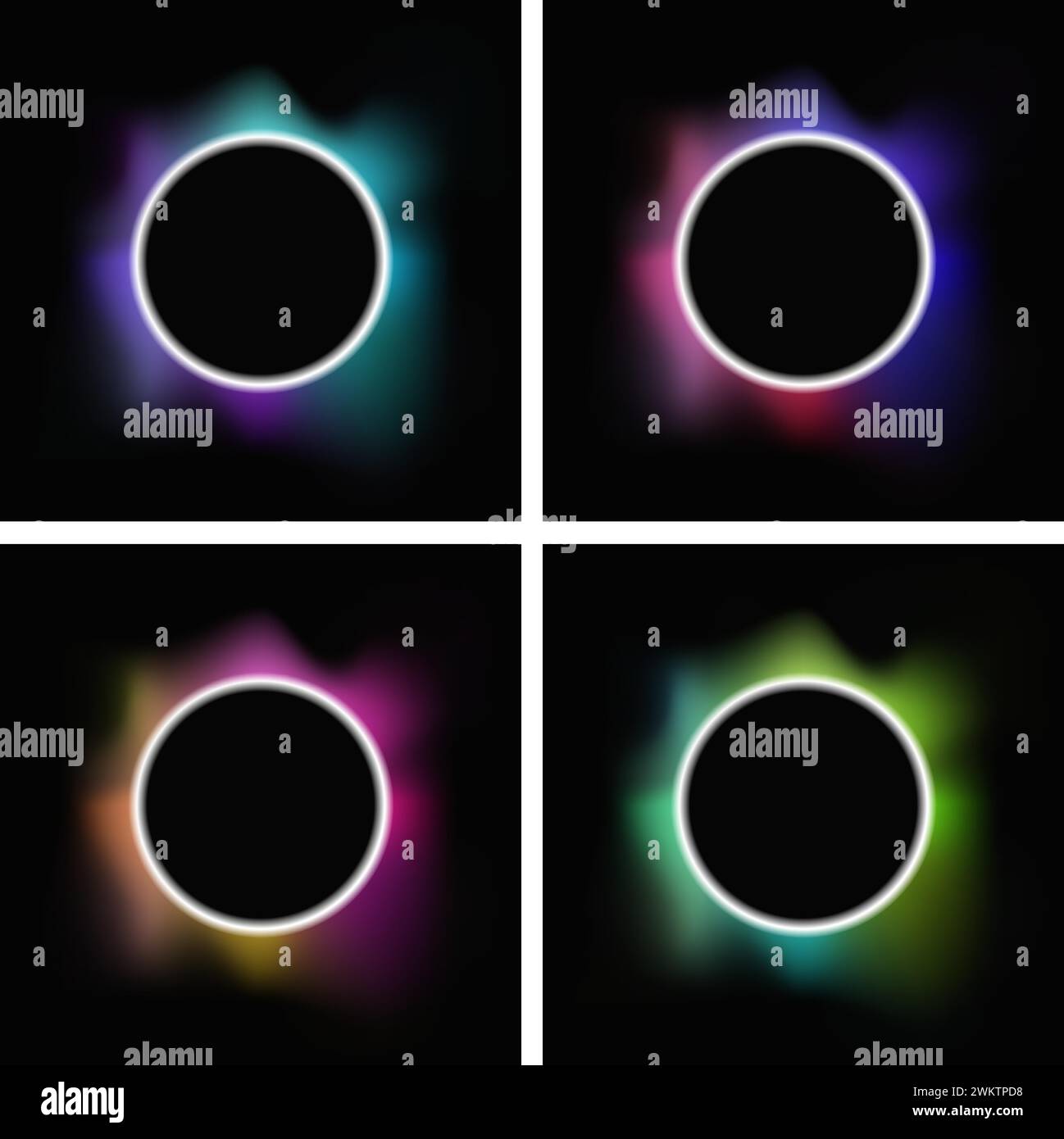 vector set of colorful neon round frames. neon circles on black background. abstract glowing ...