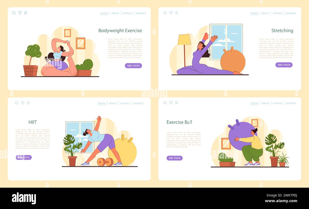 Home Workout set. Illustrations show a variety of home exercises like bodyweight routines ...