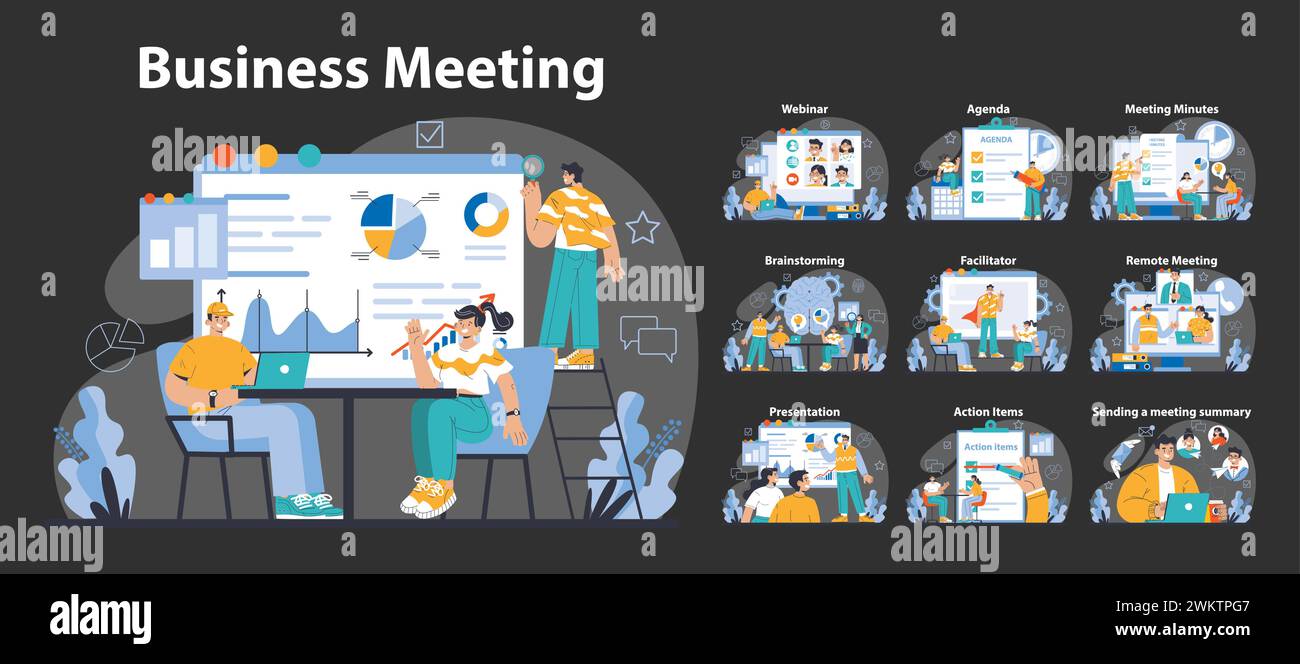 Business meeting night or dark mode set. Corporate teamwork and ...