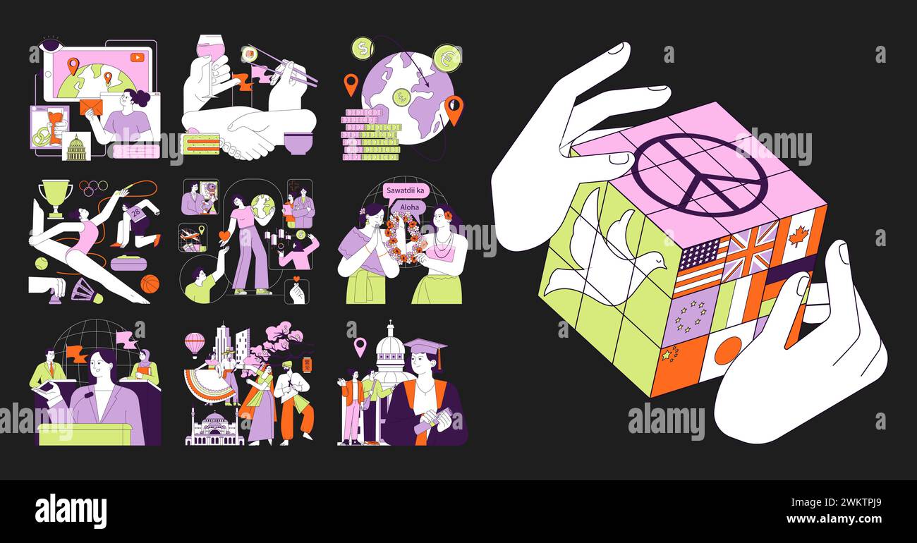 Soft power dark or night set. Global connectivity and cultural exchange ...