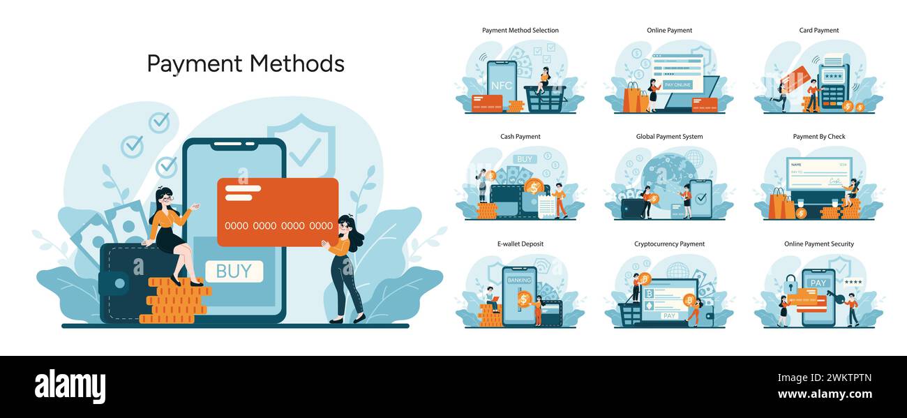 Payment Methods concept. Diverse transaction options for consumers. Digital, NFC, cash, global ...